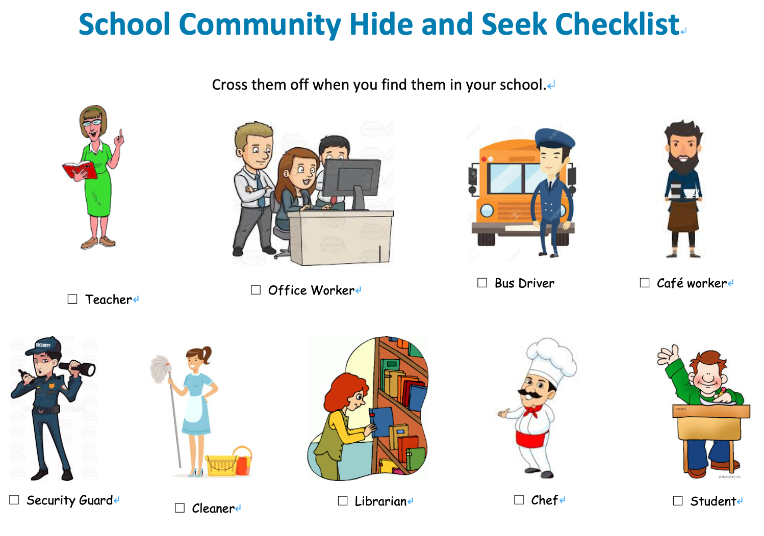 School Community Hide and Seek Checklist worksheet | ichibansake.com